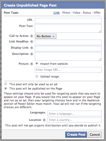 How to create a Facebook unpublished post or dark post in Power Editor